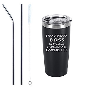 Cosictic I Am A Proud Boss Of Freaking Awesome Employees Travel Tumbler, Funny Birthday Bosses Day Gift for Men Boss Manager Director Leader, 20 Oz Insulated Stainless Steel Tumbler with Lid, Black