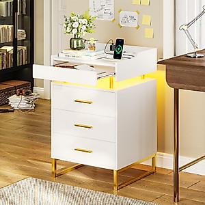 BTHFST LED Nightstand with Charging Station, Large Night Stand with 3 Drawers and 1 Pull-Out Tray, Modern Bedside Table with LED Lights, End Side Table with Storage, White and Gold