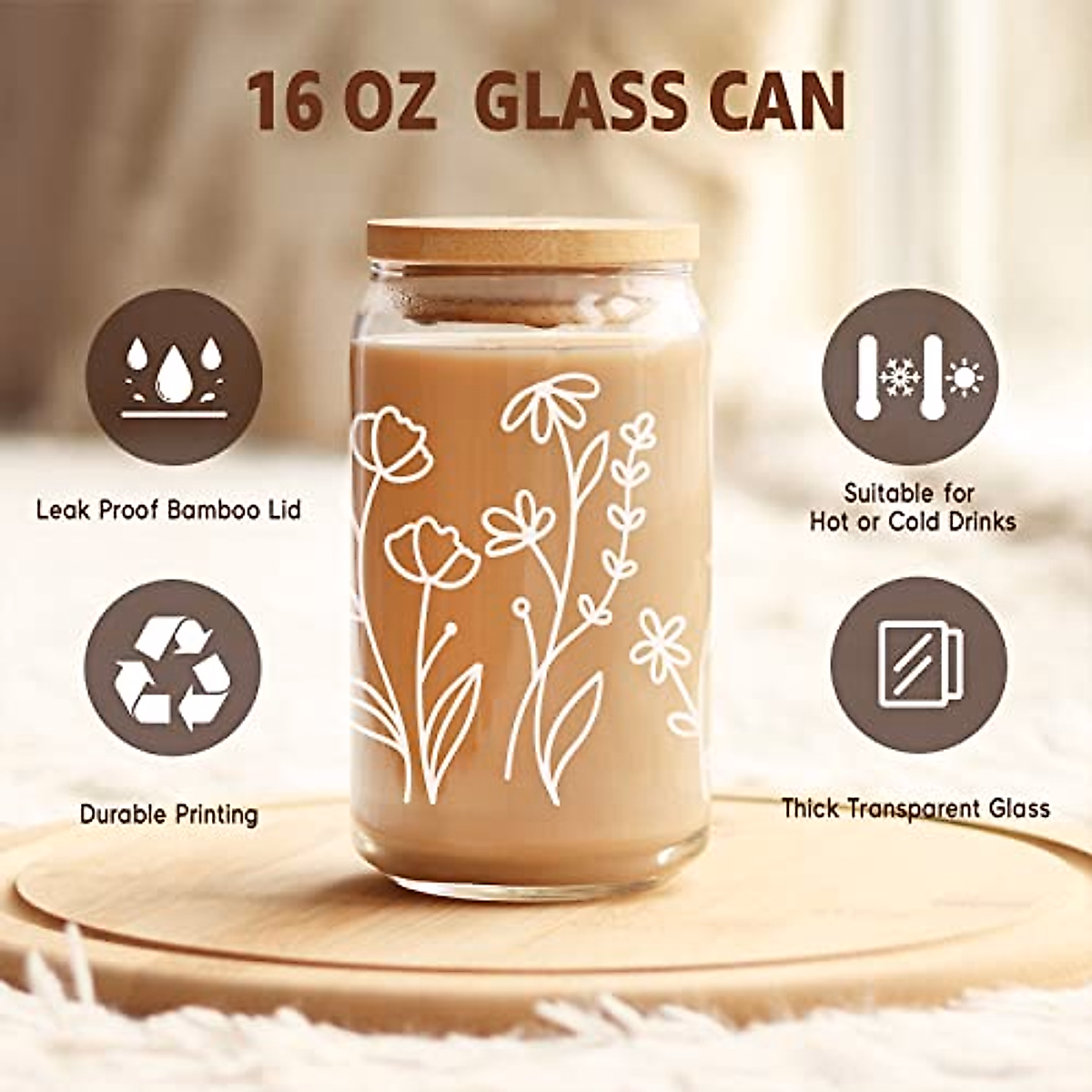 Coolife Floral Iced Coffee Cup - 16oz Can Shaped Drinking Glass Cup w/Bamboo Lid Straw - Aesthetic Cups, Glass Coffee Tumbler, Flower Glass Cups for Beer Smoothie - Birthday Aesthetic Gifts for Women