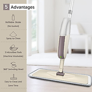 Spray Mop for Floor Cleaning, HOMTOYOU Floor Mop with a Refillable Bottle and 3 Washable Microfiber Pads, Dry Wet Spray Mop for Home Kitchen Hardwood Laminate Wood Vinyl Ceramic Tiles Floor Cleaning