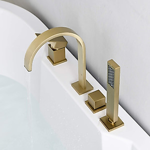 WATHELS Modern 4-Hole Waterfall Brushed Gold Bathtub Faucet Bathroom Roman Tub Filler Solid Brass Tub Faucet with Handheld Shower