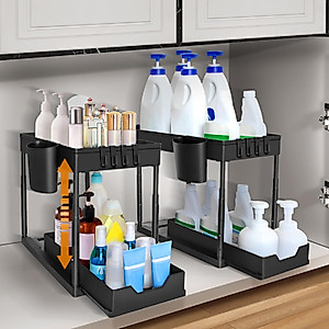 DOFIMATE 2 Pack Under Sink Organizers and Storage Bathroom,2 Tier Adjustable Height Cabinet Basket Organizer, The Bottom Slide Out Basket Under Kitchen Used for Bathroom, Storage Room