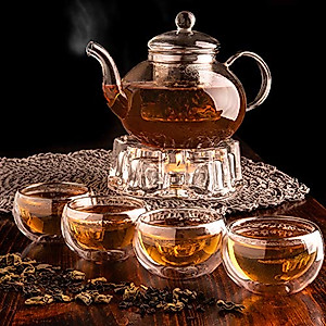 Moss & Stone 6 PCS Glass 27oz Tea Kettle Infuser Gift Set,Borosilicate Glass Teapot With Removable Glass Strainer, & 4 Cups Of 2.7 oz, Teapot With Strainer