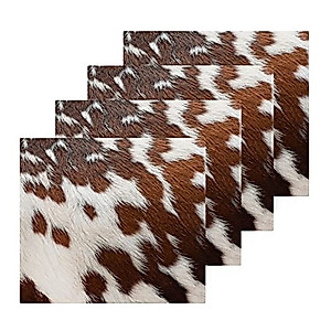 Cow Brown White Washcloth 12x12in Set, 4 Pack Absorbent Cotton Towel Square Kitchen Dishes Towels, Soft Cleaning Face Hand Towel Fast Drying