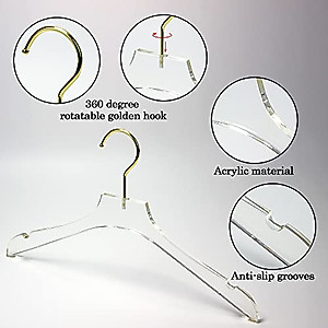 GAMVDOUT 10 Pcs Clear Acrylic Hanger Crystal Clothes Hanger with Gold Hook Non-Slip Transparent Formal Dress Standard Hanger