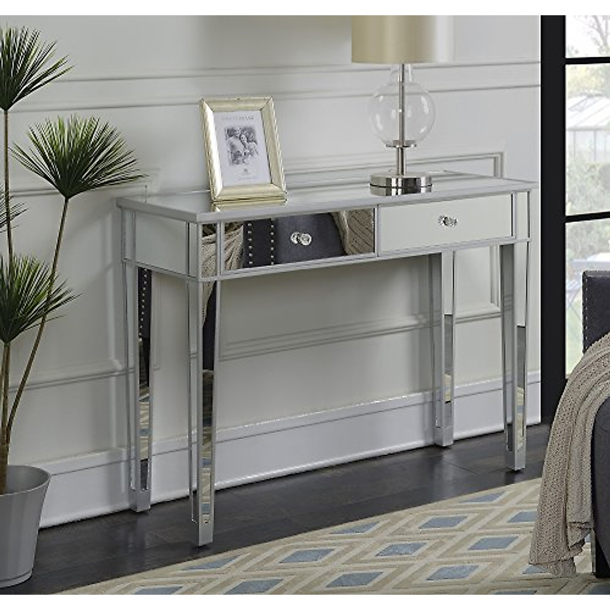 Convenience Concepts Gold Coast Mirrored Desk 42" - Console Table with 2 Drawers for Storage in Living Room, Office, Silver/Mirror