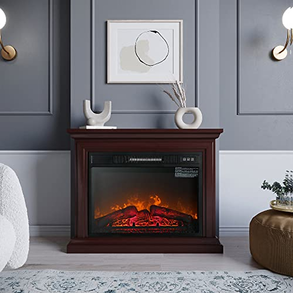 BELLEZE 31 Inch Mantel with 23 Inch 1400W Electric Fireplace Compact Freestanding Remote Controlled Heater with Realistic LED Flames, for Living Room or Bedroom - Brown