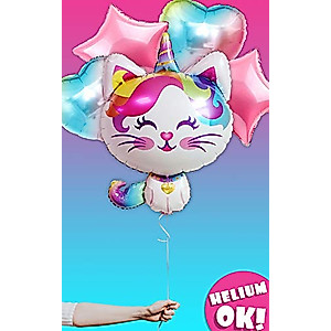 OMG Party Factory Caticorn Party Supplies Balloon Decorations | Birthday Decor for Girls Cat Unicorn Theme | Fancy Rainbow Kitty Balloons for Bday or Baby Shower | Mylar Foil Balloon Set for Kids