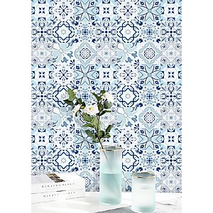Dimoon Wallpaper 17.7’’x78.7’’ Contact Paper Thicken Blue White Floral Flower Tile Peel and Stick Removable Wall Waterproof Embossed Self Adhesive Vinyl