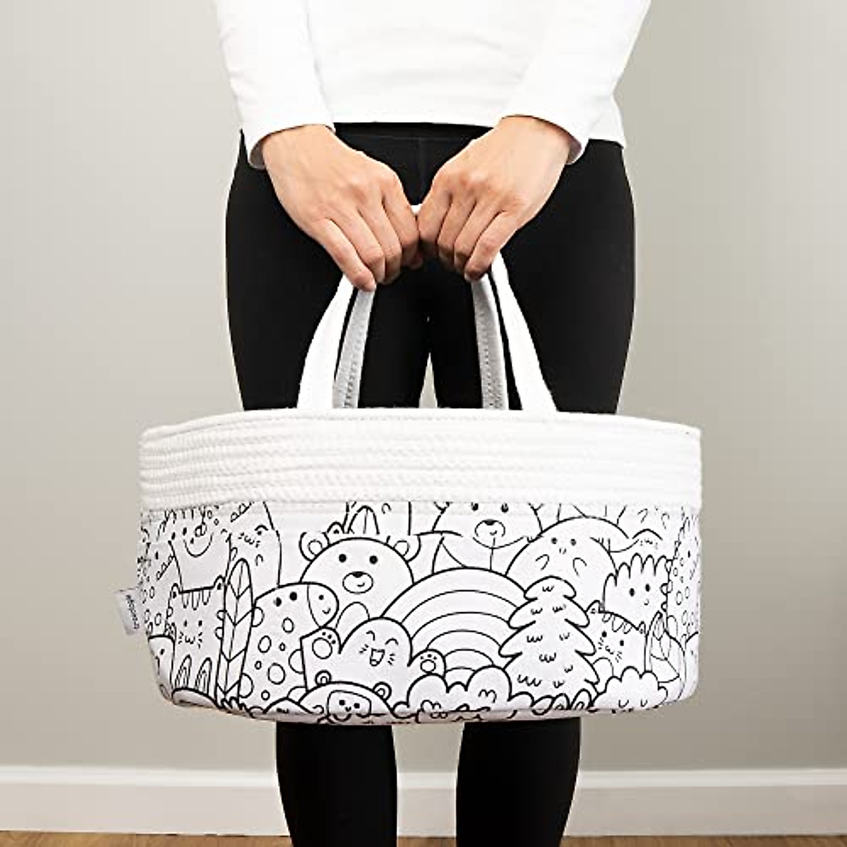 Baby Rope Canvas Diaper Caddy Organizer Basket for Nursery Changing Table - Car Storage Bin Tote Bag for Nappy, Diapers, and Wipes - Newborn Registry Shower Gift for Girl and Boy Must Haves - Car Bin