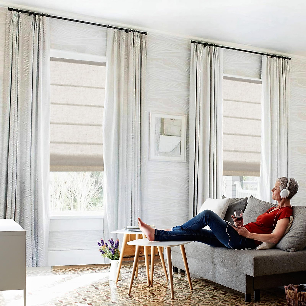 Cordless Linen Roman Shades, Natural Custom Fabric Room Darkening Roman Window Shades Blinds for Doors, French Doors, Kitchen Windows, Bathroom Windows