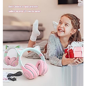 Hilifix Bluetooth Headphones Over Ear, LED Light Up Cat Ear Kids Headphones, Foldable Stereo Headphones Wireless Wired Headphones with Microphone for School/Study/Travel/PC/iPhone/iPad (Pink+Green)