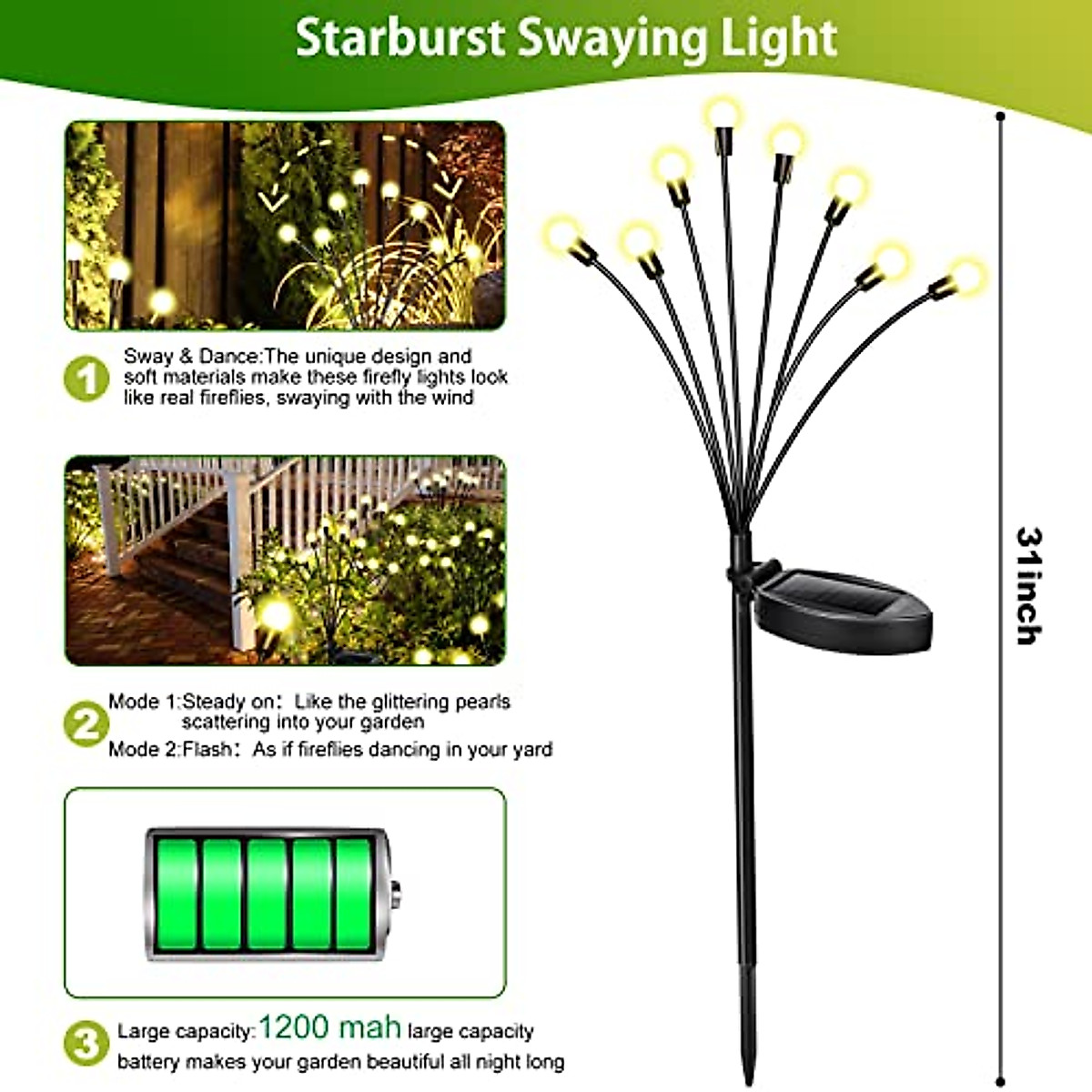SMEFNOS Solar Garden Lights:New Upgraded 1200 MAH Large Capacity Solar Firefly Lights，4 Pack 32 Led Garden Decor Lights, Solar Outdoor Lights for Yard ，Landscape Path Patio Garden Decor，Warm White