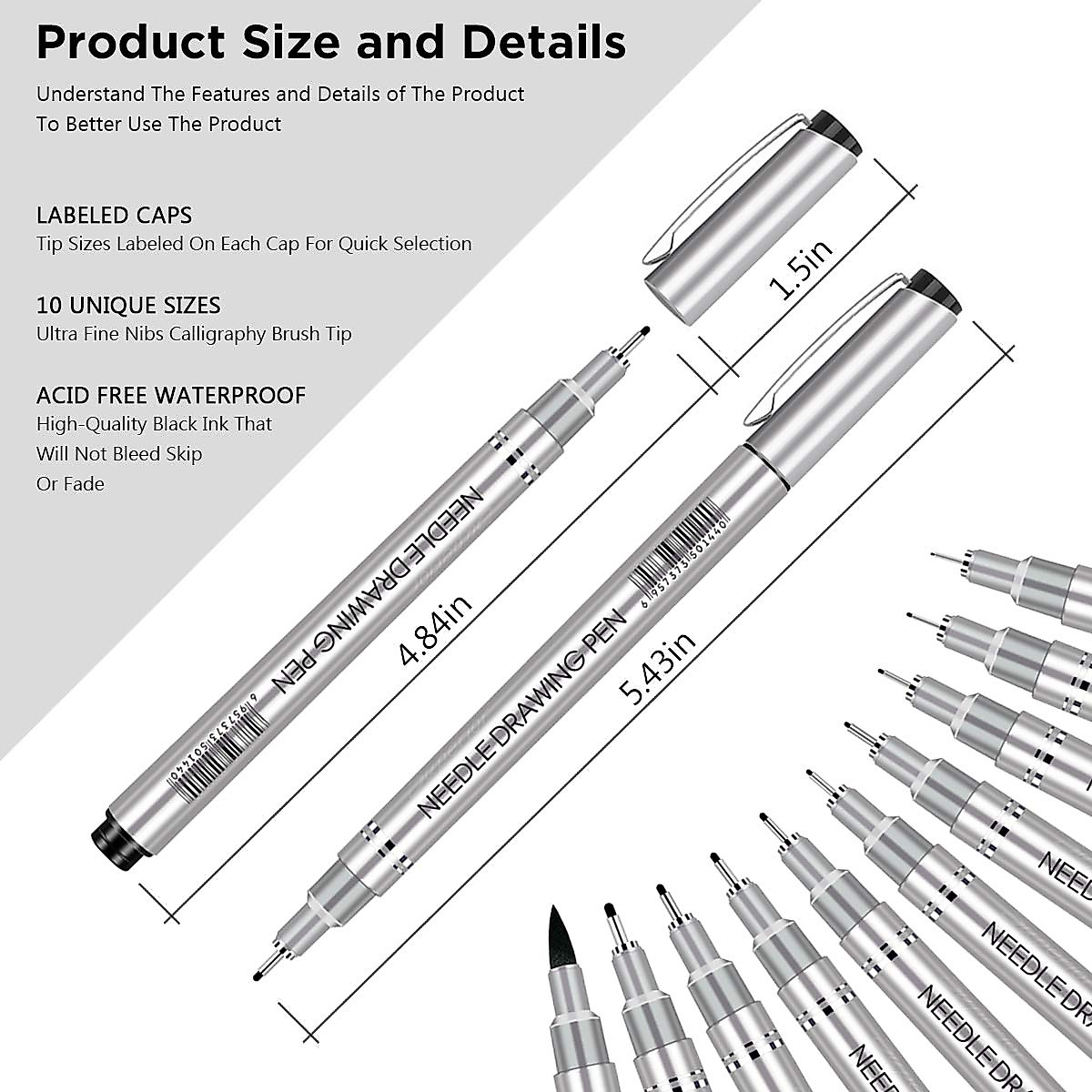 PANDAFLY Precision Micro-Line Pens, 10 Size Black Micro-Pen Fineliner Ink Pens, Waterproof Archival Ink Multiliner Pens for Artist Illustration, Calligraphy, Sketching, Technical Drawing