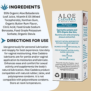 Aloe Cadabra Flavored Personal Lubricant and Vaginal Moisturizer, Organic Edible Aloe Lube for Men, Women, Non-Staining, pH Balanced, (Butter Rum, 2.5 Ounces, 1 Pack)