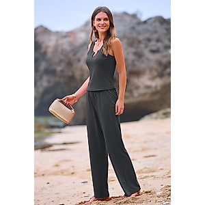 PRETTYGARDEN Women's Summer Casual Two Piece Outfits Sweatsuits Tank Scoop Neck Ribbed Knit Long Pants Tracksuits (Light Grey,X-Large)