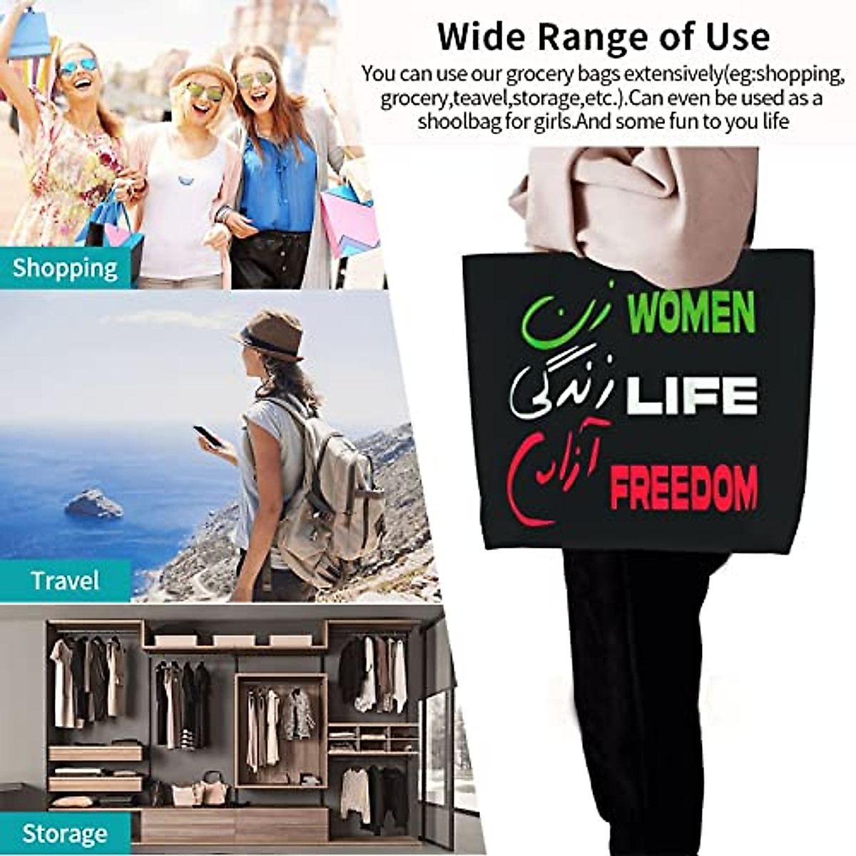 Coirtbom Women Life Freedom Flag Zan Zendegi Azadi Mahsa Amini Iran Tote Bag Ladies Cute Shopping Bag Large Capacity Shoulder Bag Work Fit Fashion Handbag Organizer