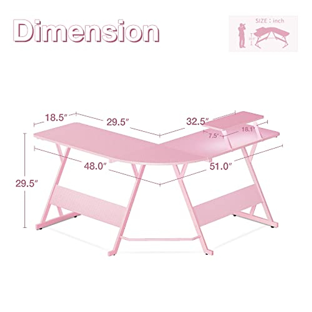 MOTPK Pink Gaming Desk with LED Lights, Carbon Fiber L Shaped Gaming Desk, Corner Gaming Table L Shape, Gamer Desk with Monitor Stand & Cup Holder & Headphone Hook, 51 Inch, for Women & Girls Gift