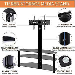 Swivel Corner Floor TV Stand with Mount for 32 37 43 47 50 55 60 65 inch Flat Curved Screen TVs, Adjustable 3-Tier Tempered Glass Storage Television Stand with Cable Management, Max VESA 600X400mm