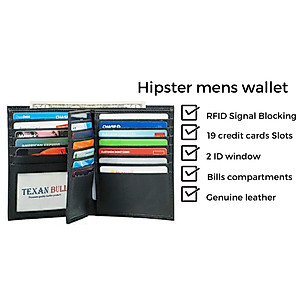 Texan Bull Bifold Genuine Leather RFID Blocking Wallet For Men Card Slots, 19 Cards, 2 ID Windows (Black)
