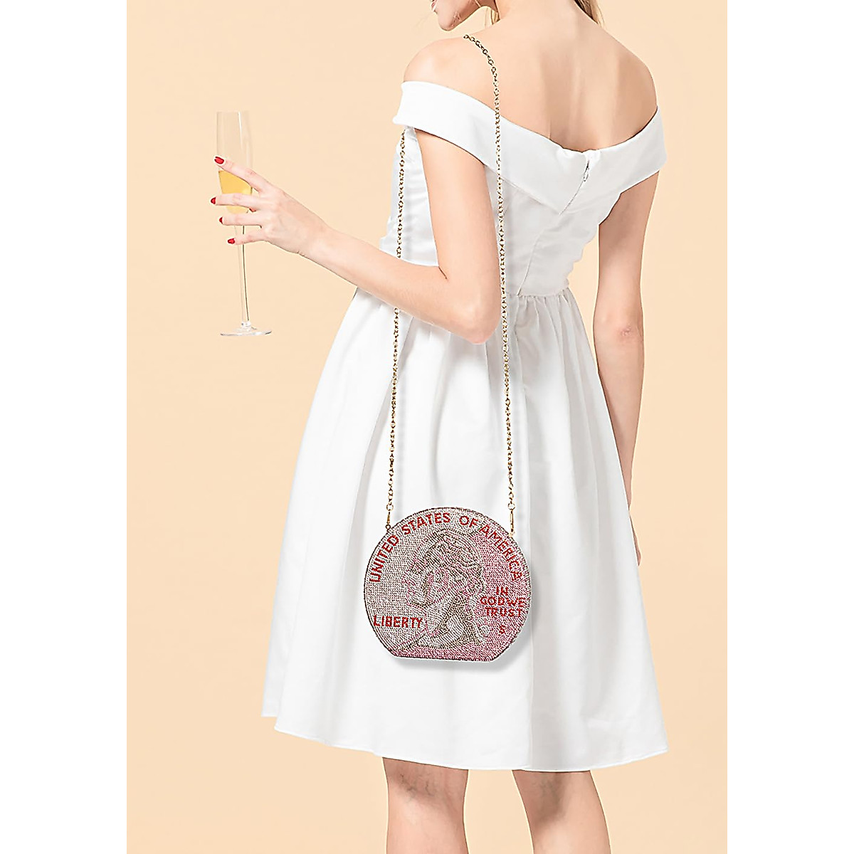 Covelin Women's Dollar Coin Handbag Rhinestone Purse Evening Clutch Bag Pink