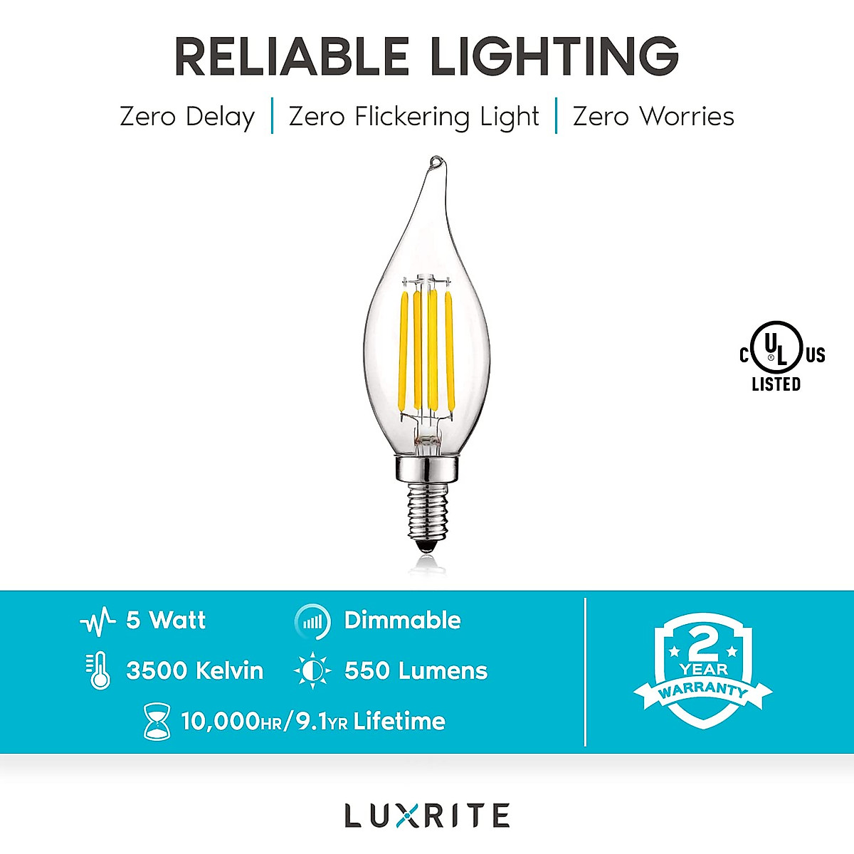 LUXRITE Vintage Candelabra LED Bulb 60W Equivalent, 550 Lumens, 3500K Natural White, LED Chandelier Light Bulbs 5W, Dimmable, Flame Tip Clear Glass, Filament LED Candle Bulbs, E12 Base (6 Pack)