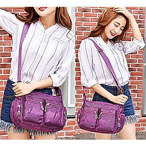 FiveloveTwo Lightweight Nylon Multi Pocket Hobo Shoulder Crossbody Bag Handbags and Purses for Women Men Top-handle Messenger Crossbody Bag Pack Totes Satchels Purple Camouflage