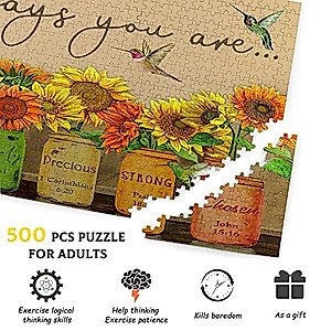 Sunflower Puzzle 500 Piece Puzzles for Adults - Retro Sunflowers and Farmhouse Yellow Flower Hummingbird Animal Inspirational Wooden Jigsaw Puzzles for Family Activities Games - God Says You are