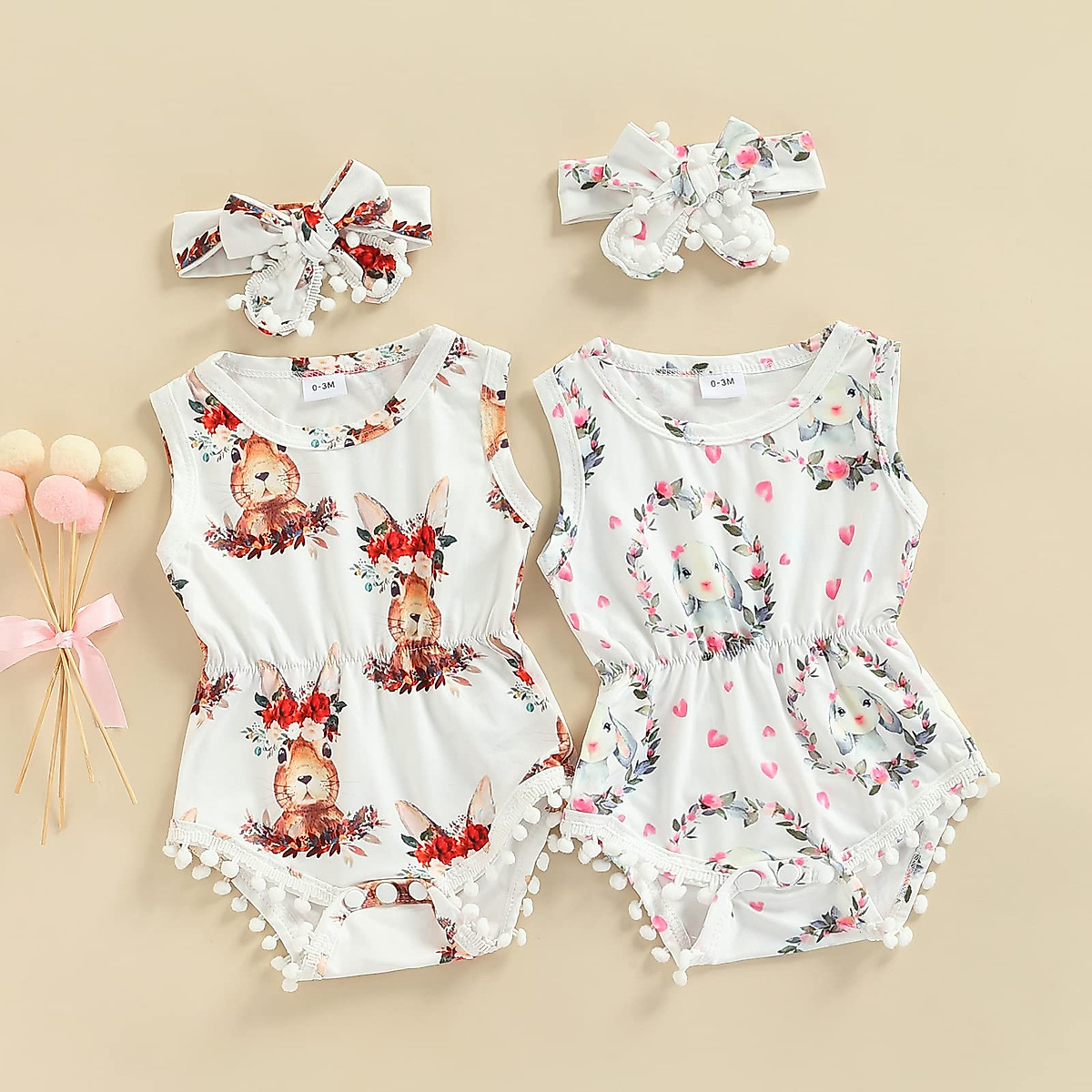 Dcohmch Easter One-Piece Outfits Newborn Baby Girl Sleeveless Cute Rabbit Printed Romper Bodysuit Bunny Print Clothes 0-12M