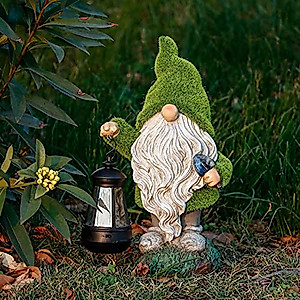 TERESA'S COLLECTIONS Garden Gnomes Decorations for Yard with Lantern Solar Light, 13" Cute Large Moss Garden Sculptures & Statues Outdoor Lawn Ornaments Garden Gifts for Mom Yard Front Porch Patio