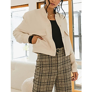 Springrain Womens Cropped Bomber Jacket Casual Varsity Jacket with Pockets Long Sleeve Outwear(Beige-S)