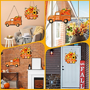 Thyle 2 Pcs Welcome Fall Thanksgiving Front Door Decor Hello Fall Truck Door Signs Pumpkin Maple Leaf Sunflower Door Hanging Fall Wall Decoration