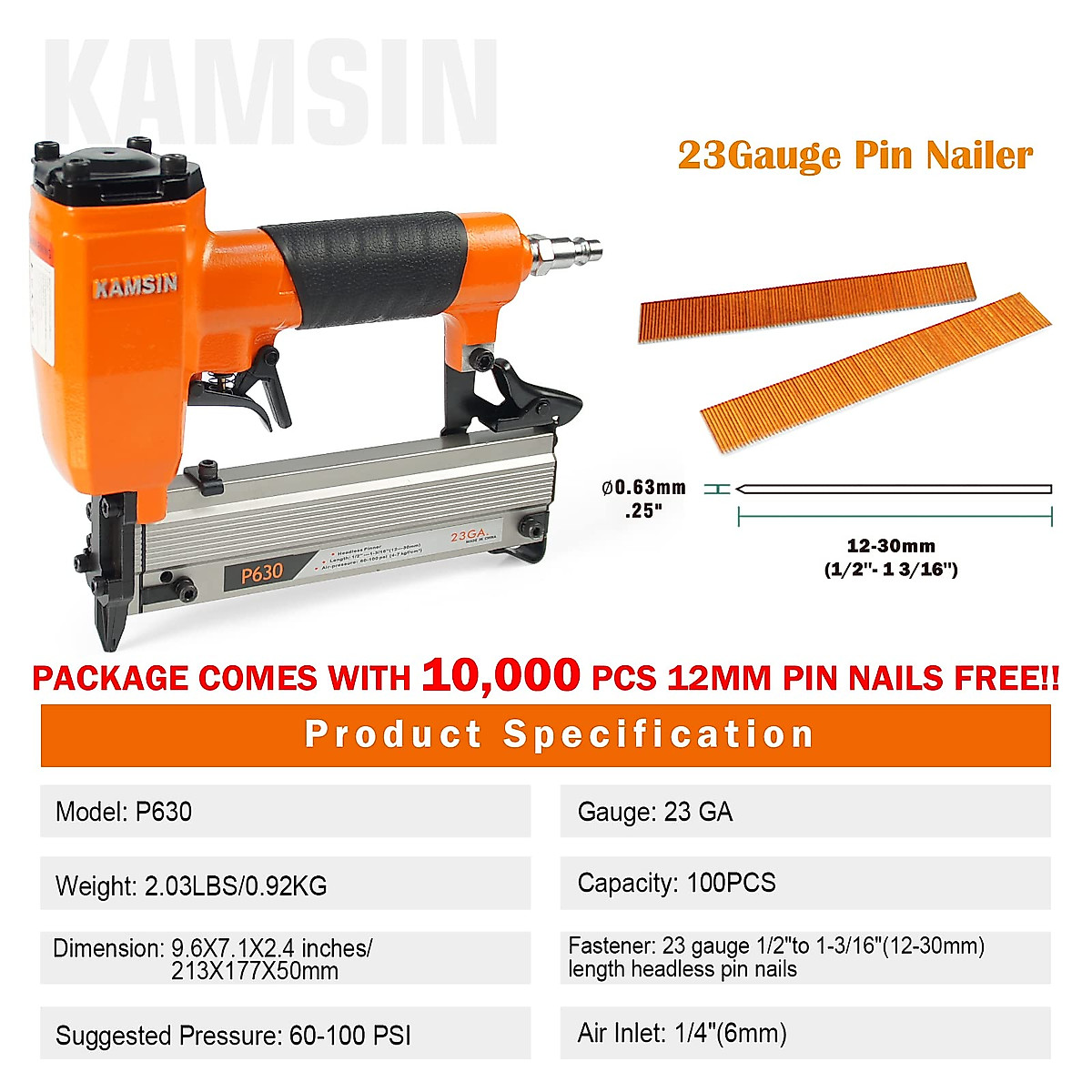 KAMSIN P630 23 Gauge Pneumatic Headless Pin Nailer Kit With 10,000PCS Pin Nails, 1/2-Inch to 1-3/16-Inch Leg Length, Air Power Micro Pinner With Safety For Furniture, Cabinets, Interior Decoration