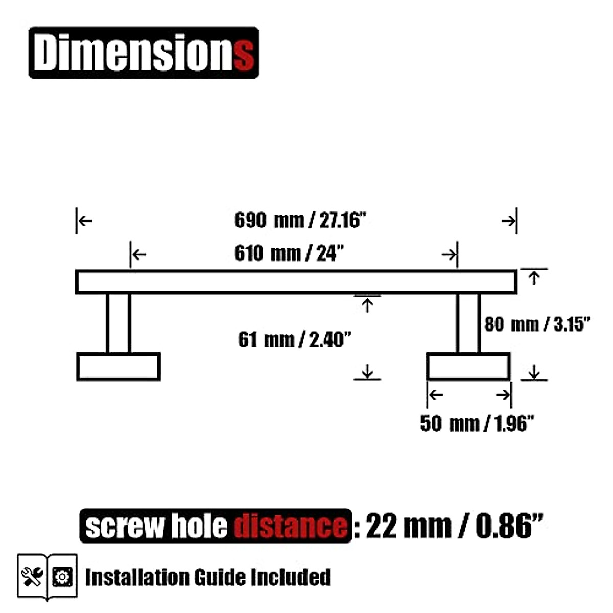 JQK Black Towel Bar, 24 Inch 304 Stainless Steel Thicken 0.8mm Towel Rack Bathroom, Towel Holder Matte Black Wall Mount, Total Length 27 Inch, TB110L24-PB