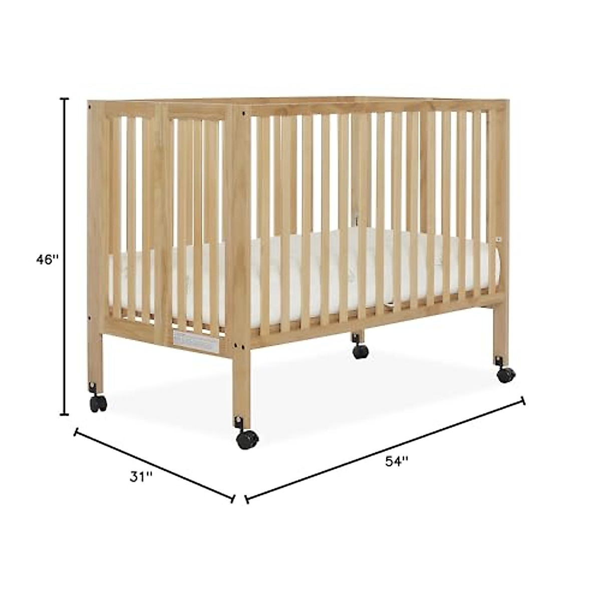 Dream On Me Quinn Full-Size Folding Crib in Natural, Removeable Wheels, Modern Nursey, Adjustable Mattress Support, Portable Crib, Patented Folding System