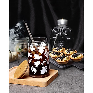 Halloween Ghosts Beer Can Glass Fall Iced Coffee Glass 16 OZ Spooky Mason Drinking Jar Glass with Lid Metal Straw And Cleaning Brush Bubble Tea Cups October Boo! Party Gifts for Him Her Soda, Tea