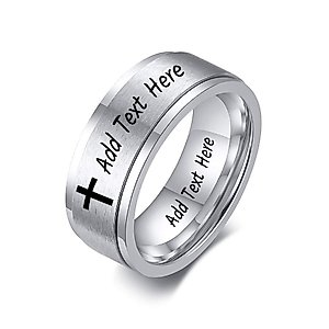 MZZJ Free Engraved Religious Jewelry Christian Cross Faith Bible Verse Scripture 8MM Brushed Finish Stainless Steel Spinner Step Beveled Edges Promise Engagement Ring Wedding Band for Unisex,Size 7