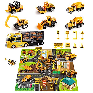 Construction Truck Toys Kids with Game Mat, Carrier Truck Alloy Engineering Vehicle Truck Toy Set, Excavator, Dump Tractor Helicopter Die cast Christmas Birthday Gifts for Kid Toddler Child Age 3 4 5