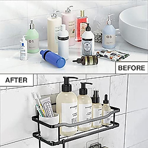Bathroom Organizer Shelf Shower Caddy,No Drilling Adhesive Shelves Rustproof Sus304 Stainless Steel For Storage Organization,2 Pack With 4 Hooks,Matte Black Rack, SH-02