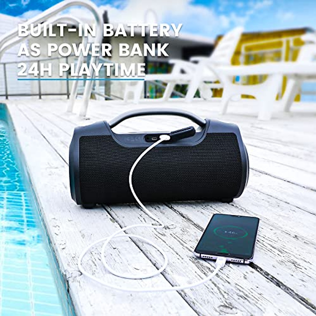 MIATONE 60W Portable Bluetooth Speaker with Titanium Subwoofer, Outdoor Waterproof Wireless Loud Portable Big Bluetooth Speakers, Build-in Power Bank for Camping Garden Party(Black)