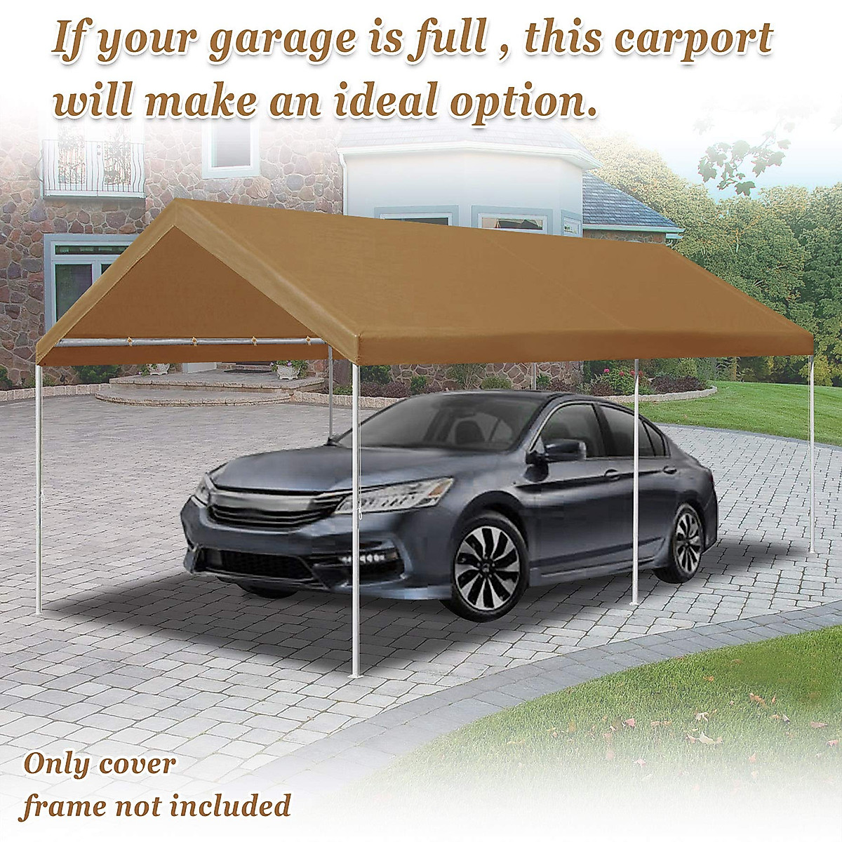 Strong Camel Outdoor 10x20 Replacement Canopy Roof Cover Valanced Carport Covers (10'x20', Tan)