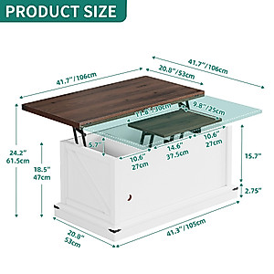 YITAHOME Lift Top Coffee Table for Living Room, 3 in 1 Multi-Functional LED Coffee Table with Storage, Wood Farmhouse Coffee Table with Hidden Compartment, Lift top Dining Table, White & Brown