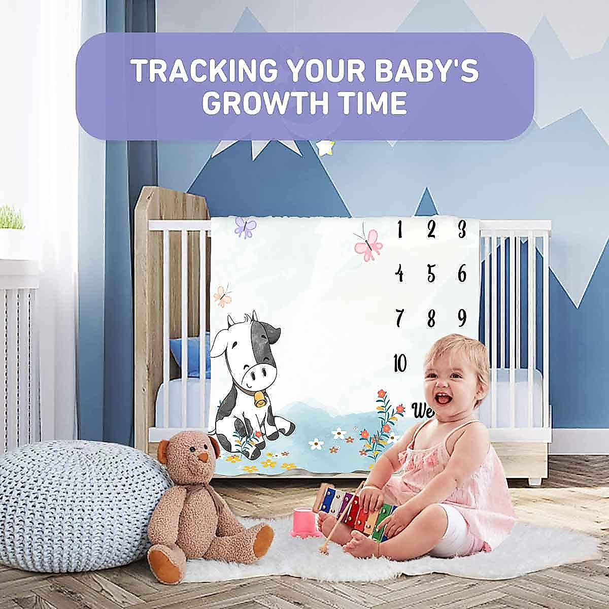 PHMOJEN Cow Baby Monthly Milestone Blanket, Farm Animals Butterflies Grass Flowers, Newborns 1 to 12 Months Unisex Include 4 Frames and 1 Headband 47"x47"BTLSPH503