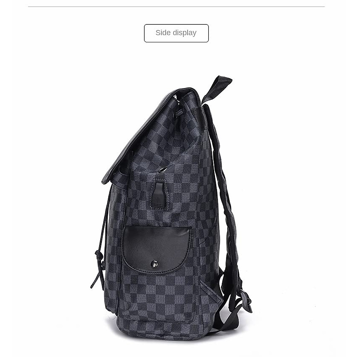 Classic PU Leather Laptop Backpack Unisex For Adult Youth Travel Leisure Fashion Bag Drawstring Gray Grid Backpack (Black)