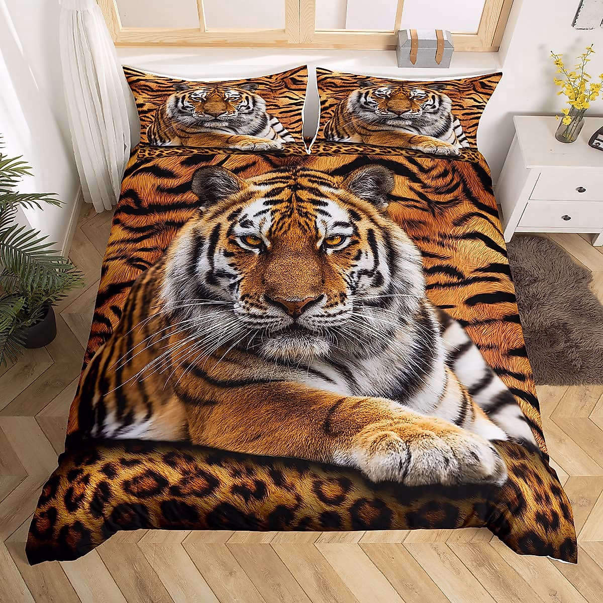 Tiger 3D Print Duvet Cover Set Queen Size Wild Animals Bedding Set 3pcs for Kids Teens Room Decor,Animal Fur Cover Soft Breathable Quilt Cover with 2 Pillowcases