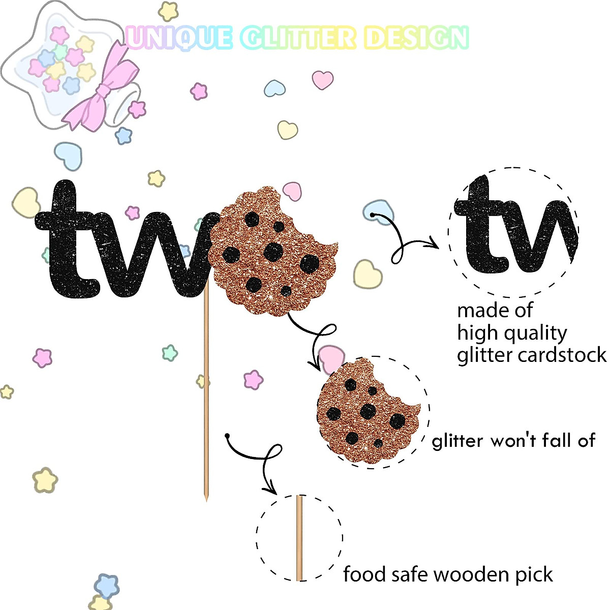 Cookie Two Cake Topper, Happy 2nd Birthday Cake Topper, Brown Giltter Cookie Cake Decor for Baby Shower, Two Years Old Birthday/Anniversary Party Decoration Supplies