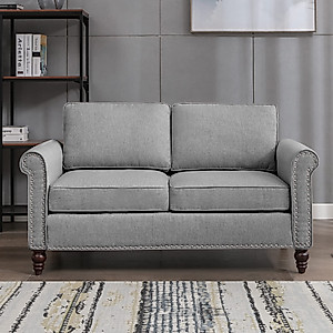 PUREMIND Loveseat, Light Grey Sofa Couches for Living Room, Linen Fabric, Mid Century Modern Couch with Solid Wood Frame and 4 Gourd Shapes Legs, Small Couches for Small Spaces