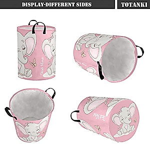 Personalized Baby Elephant Butterfly Pink Laundry Hamper with Name Text Storage Clothes Basket Foldable Laundry Bag with Handles