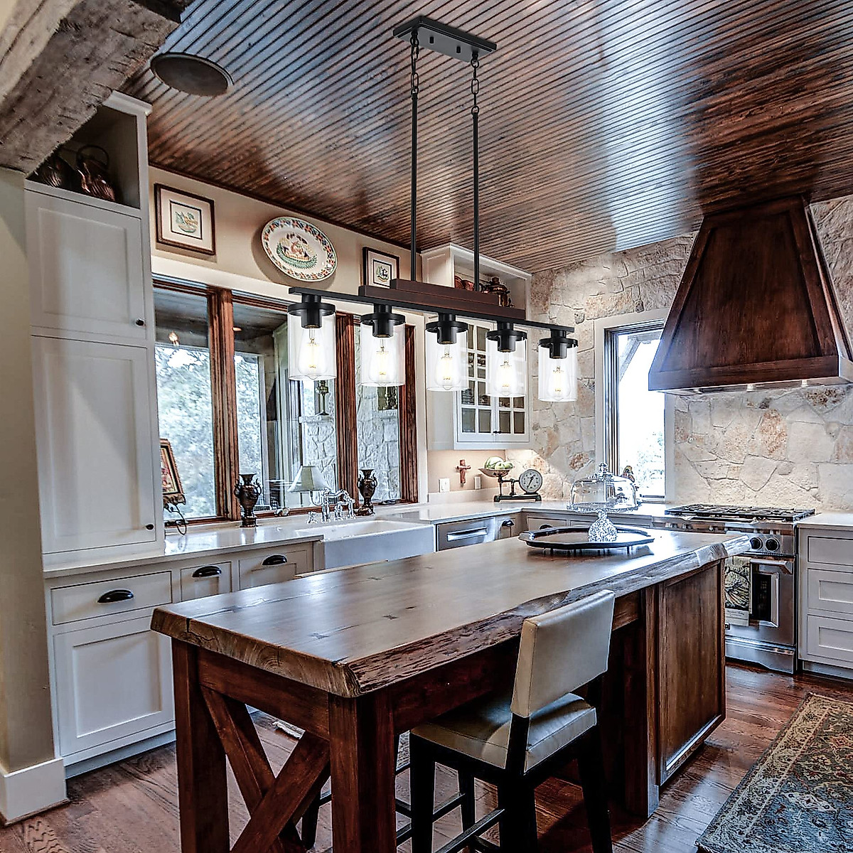 Dining Room Light Fixture/Chandelier Over Table,5-Light Kitchen Island Lighting Hanging for Farmhouse Linear Chandeliers Matte Black Rustic Wood Ceiling Pendant Light Fixtures with Clear Glass Shade