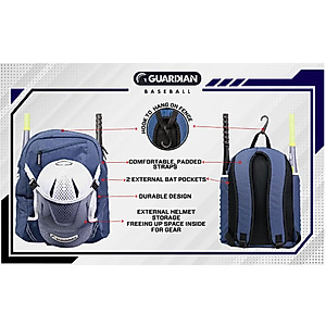 Guardian Baseball Backpack for Youth, Softball Bag for Girls, Durable Bat Bags Baseball Youth Boys and Girls, TBall Bag – Includes Hook to Hang on Fence - Navy/White